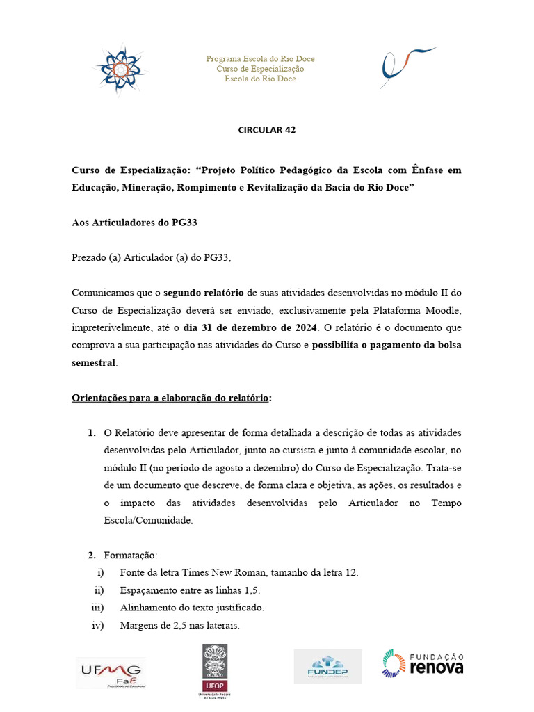 Circular 42 Comunicado Segundo Relatorio Articuladores PG33 Assinado | PDF | Moodle