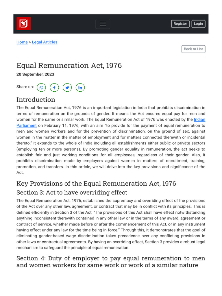 Equal Remuneration Act Overview 1976 | PDF | Employment | Equal Pay For ...