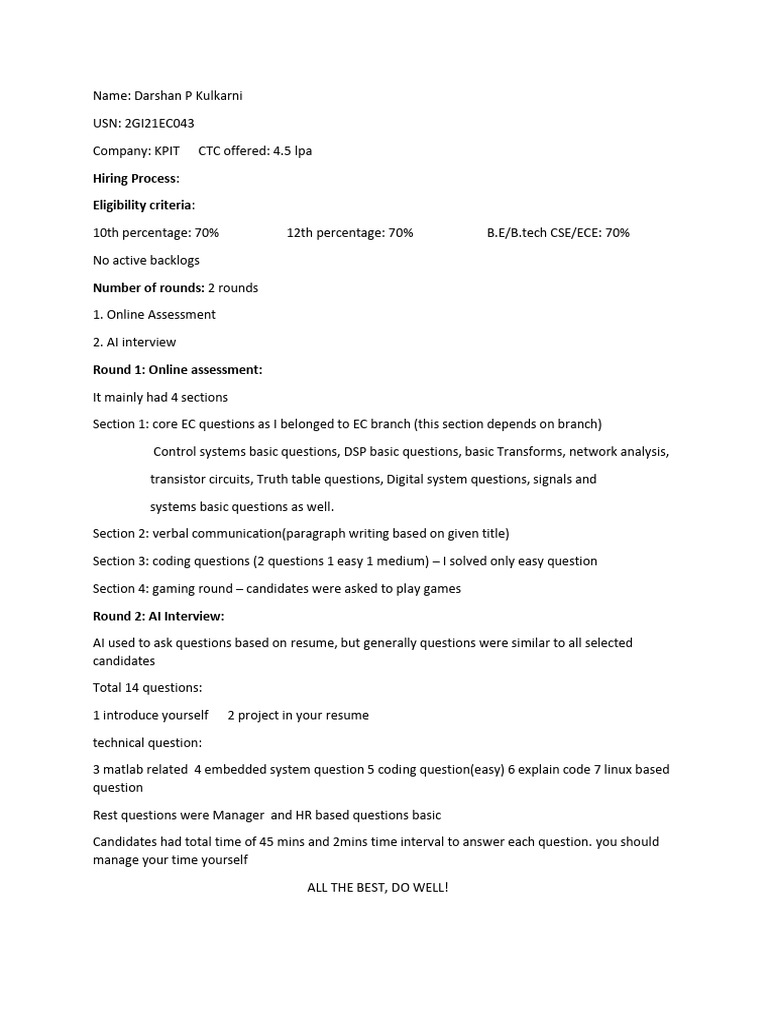 Kpit Experience | PDF