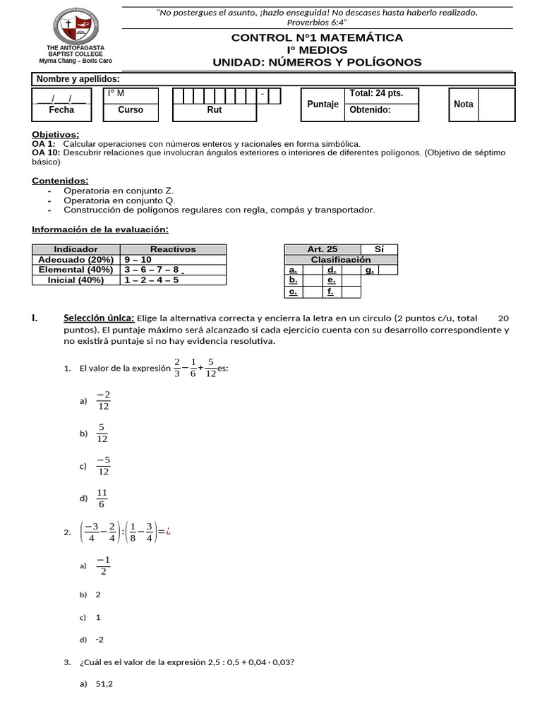 Control N°1 - I°Medios - ATRASADOS | PDF | Notación Matemática | Números