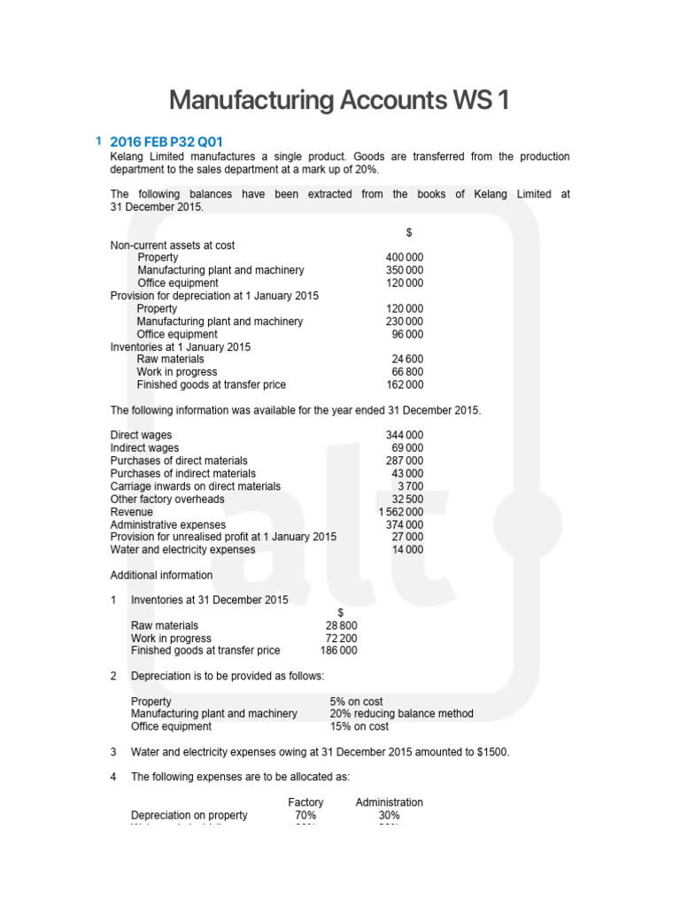 2-Manufacturing Accounts Worksheet 1 - A Level Accounting 9706 Topicals ...