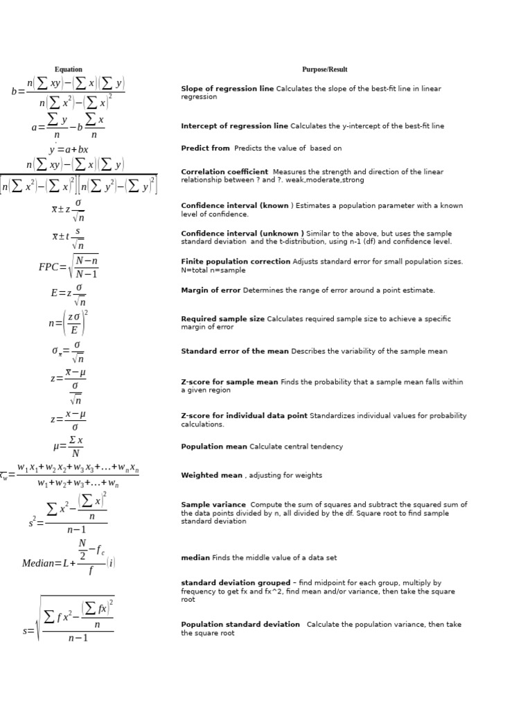 Statistical Formulas for Regression & Probability | PDF | Errors And ...