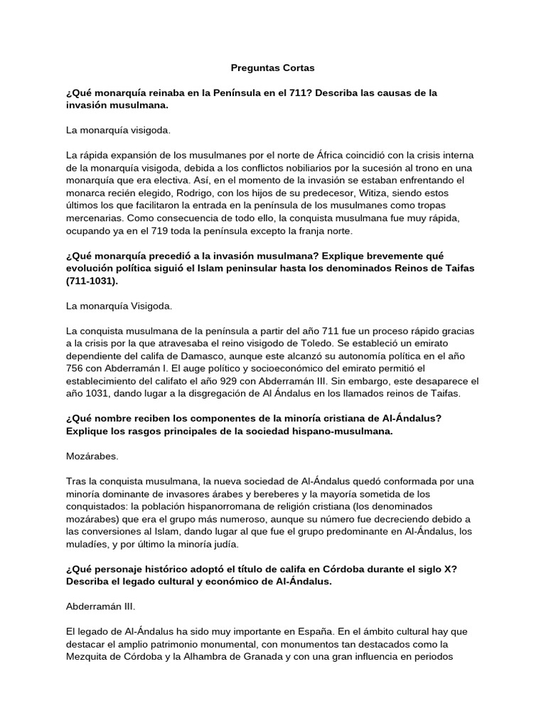 Preguntas Cortas Tema 2 | PDF | Al Andalus | Edades medias