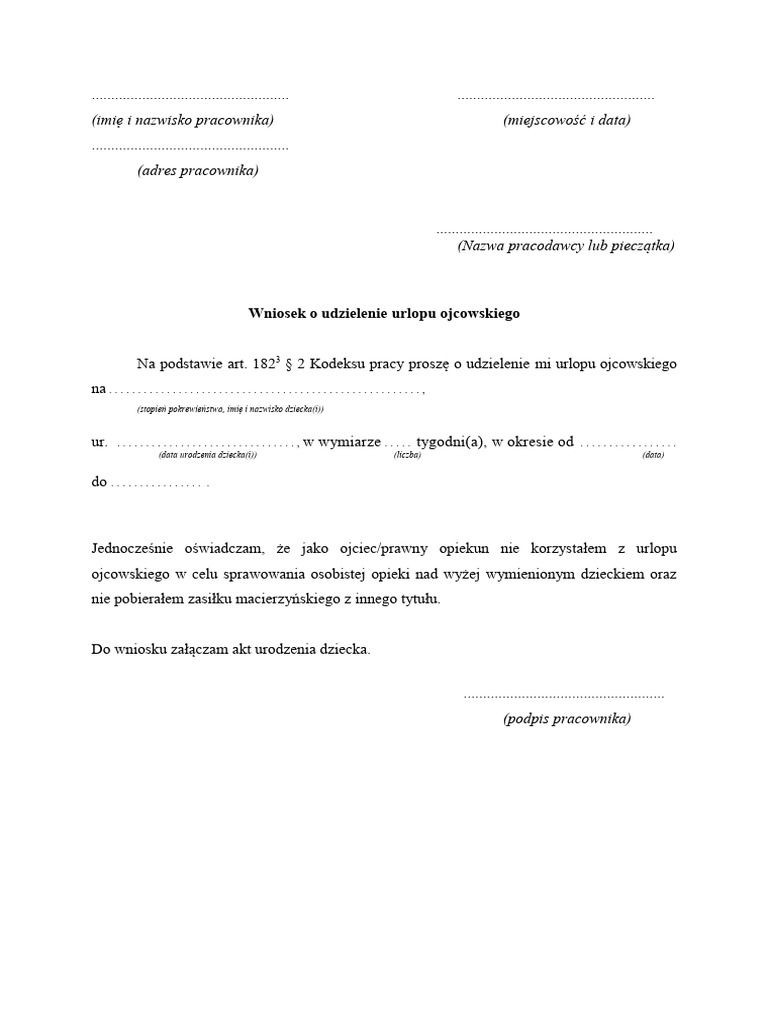 Urlop Ojcowski-Wniosek | PDF