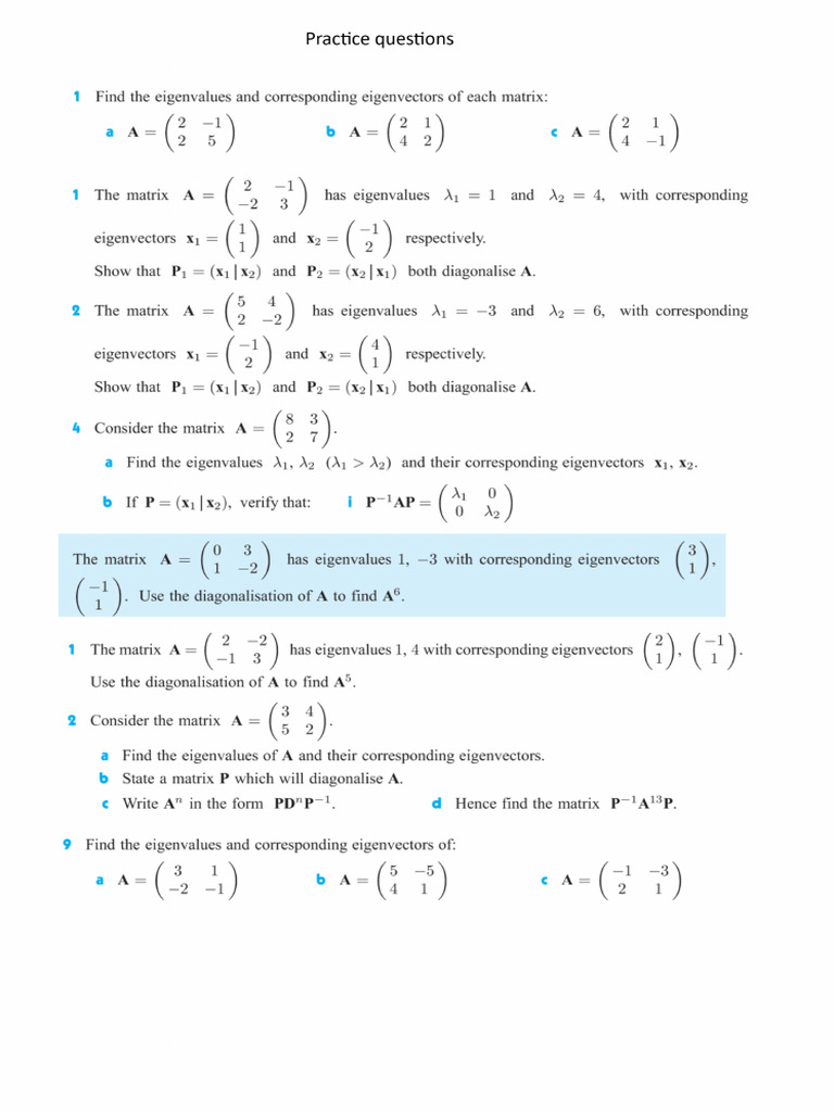 Matrices and Eigen Practice Worksheet | PDF