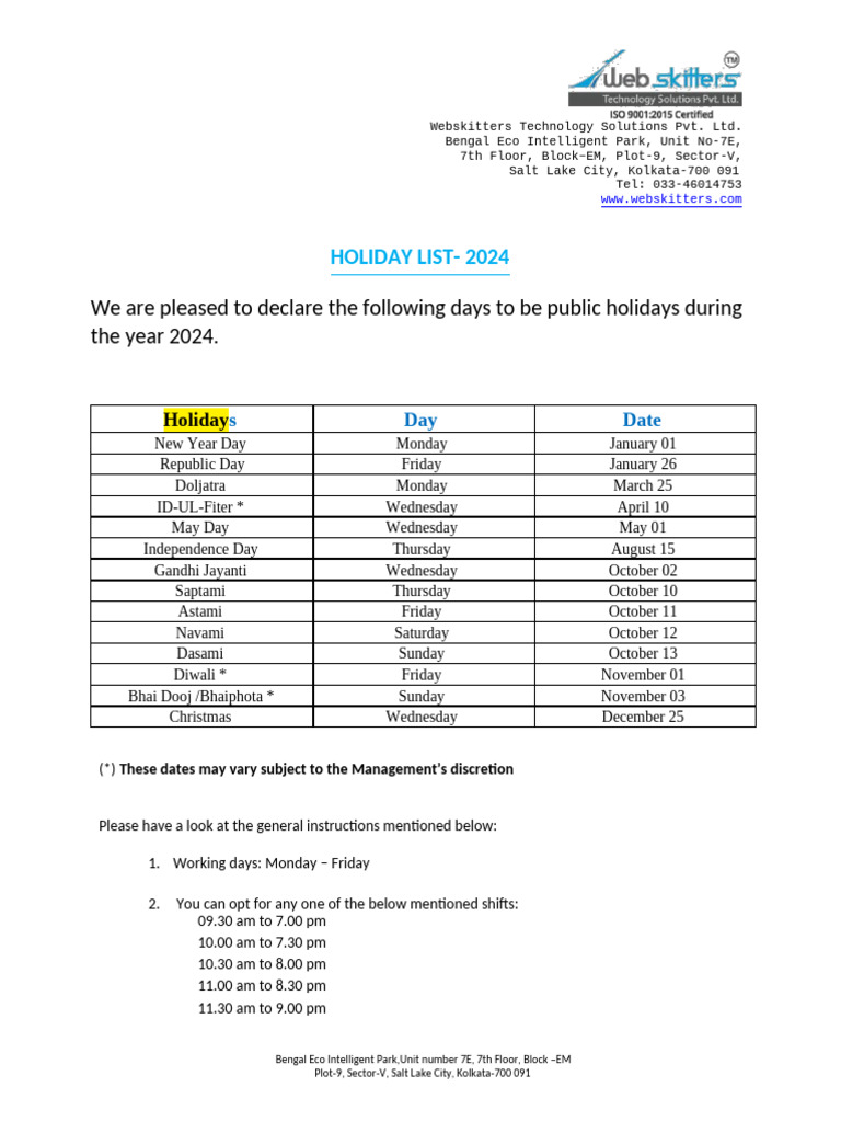 HOLIDAY LIST-2024 | PDF | Observances | Festival