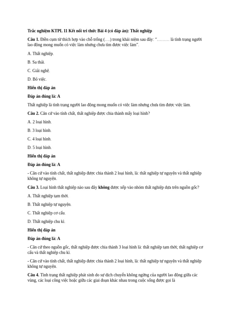 Trắc nghiệm KTPL 11 Kết nối tri thức Bài 4 (có đáp án) Thất nghiệp | PDF