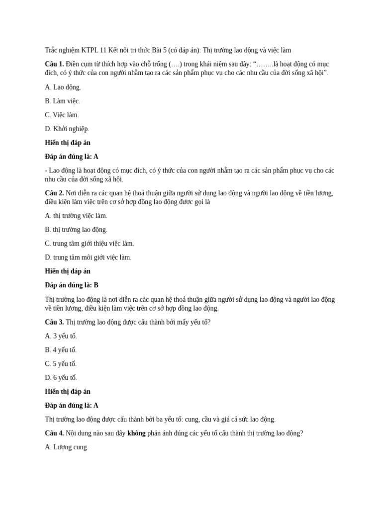 Trắc nghiệm KTPL 11 Kết nối tri thức Bài 5 (có đáp án) Thị trường lao động và việc làm | PDF