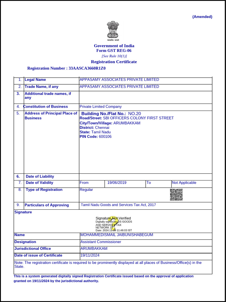 Tamilnadu GST Certificate 19-11-24 (Updated Athipattu) | PDF | Government