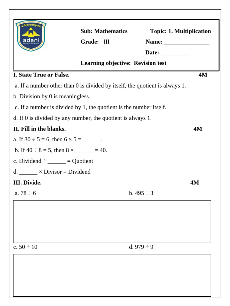 Grade 3 Division Revision Test | PDF