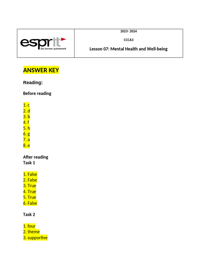 Mental Health Lesson 07 Answer Key | PDF