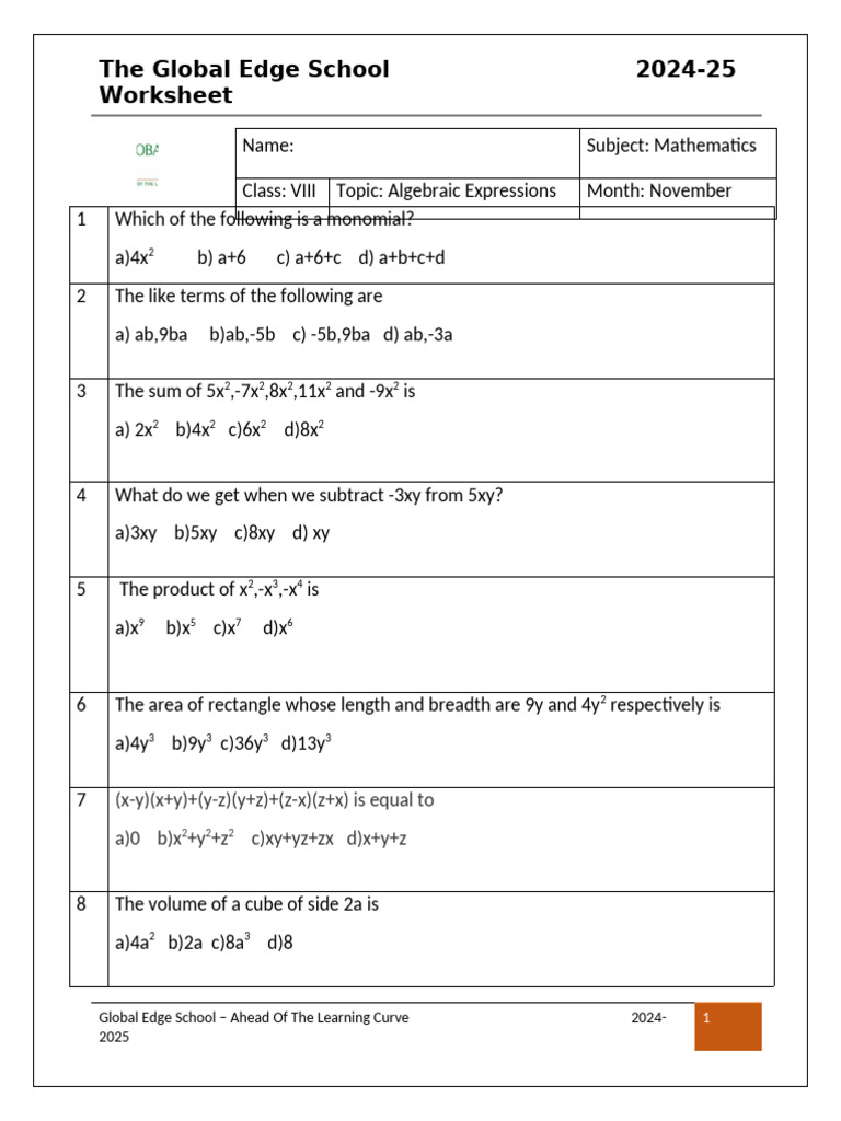Grade 8 Algebra Worksheet | PDF
