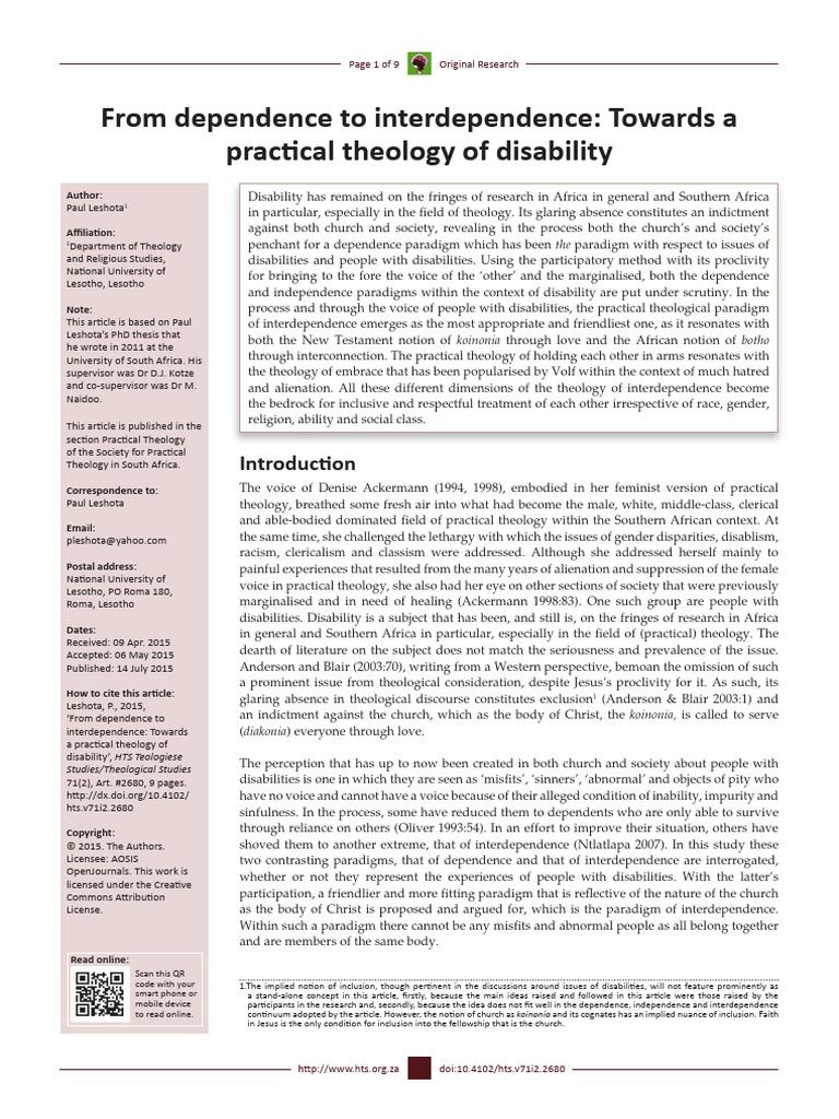 Theology of Interdependence | PDF | Disability