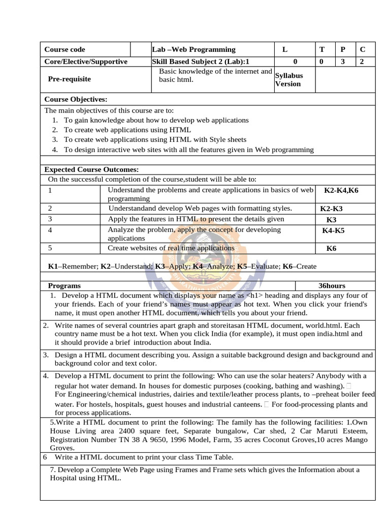 Web Programming Lab Syllabus | PDF | Html | Web Development