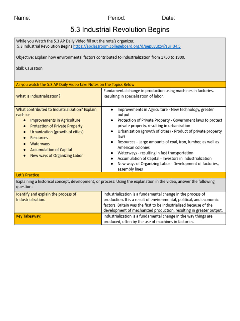 WHAP - Topic 5.3 - Industrial Revolution Begins - Viewing Guide ...
