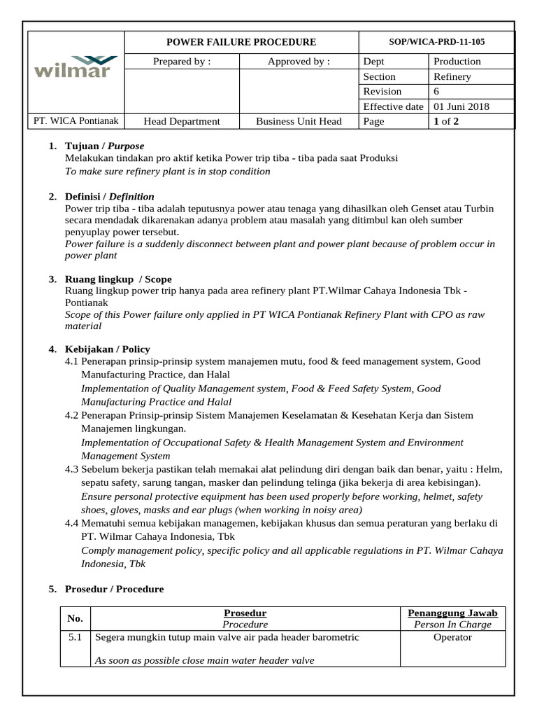 Sop105 - Power Failure Procedure | PDF
