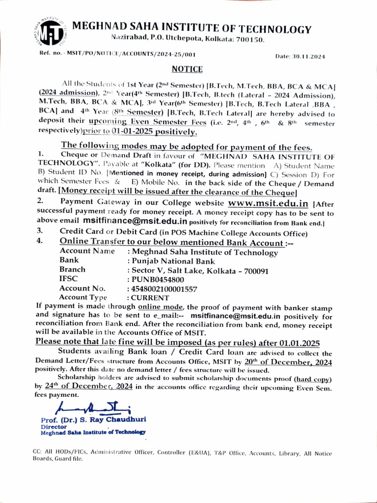 Fees Notice - December 2024 | PDF | Cheque | Banks