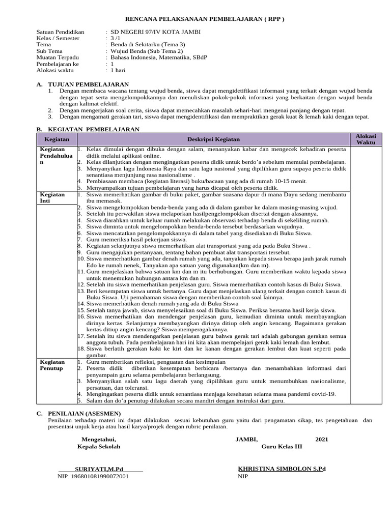 RPP Daring Kelas 3 Tema 3 ST 2 | PDF