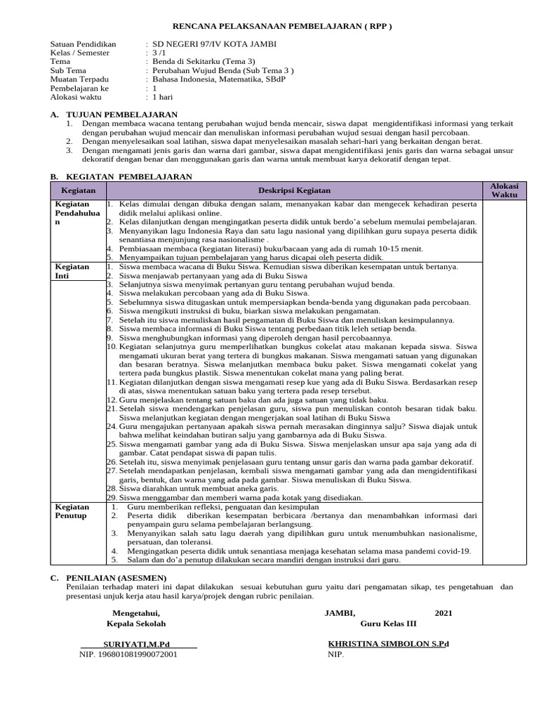 RPP DARING KELAS 3 TEMA 3 ST 3 | PDF