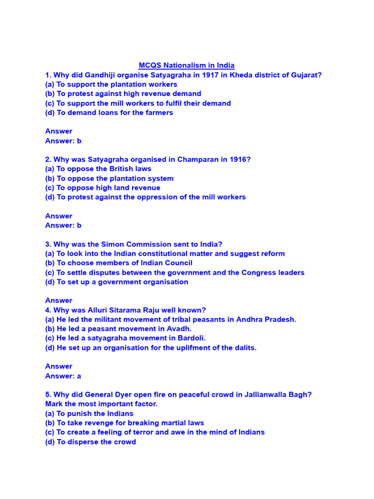MCQS Nationalism in India | PDF | Mahatma Gandhi | Independence Movements