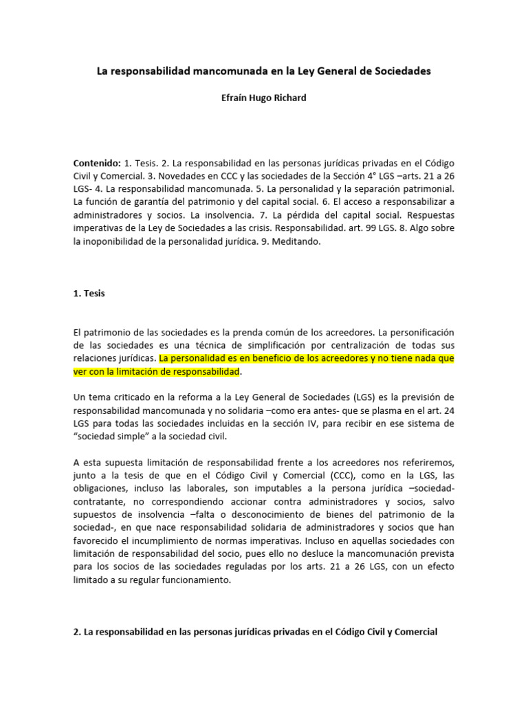 La Responsabilidad Mancomunada en La Ley General de Sociedades | PDF ...