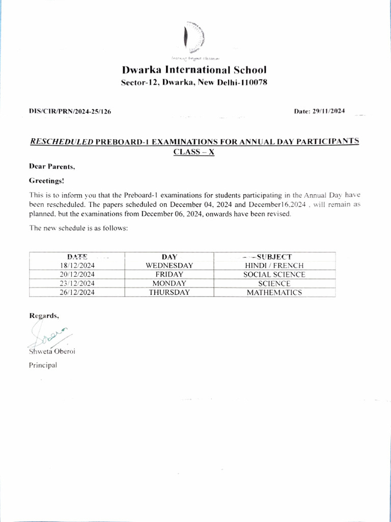 Rescheduled Pre - Board Examination For Annual Day Participants Classes ...