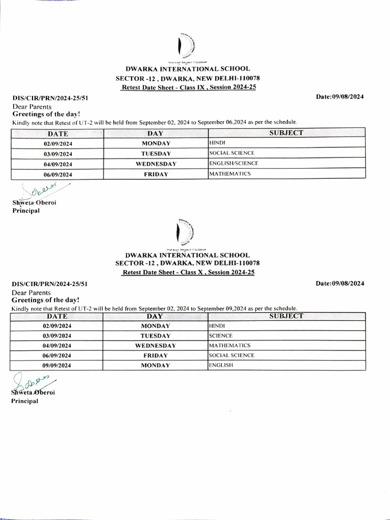 Retest Date Sheet - Class Ix & X | PDF