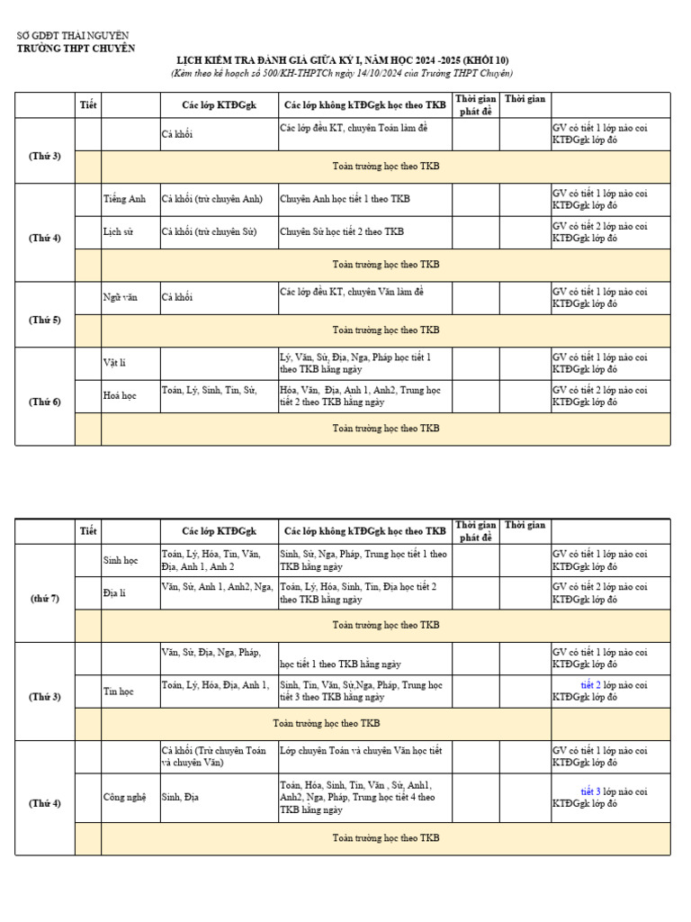 Lich Kiem Tra KGI - Khoi 10 | PDF