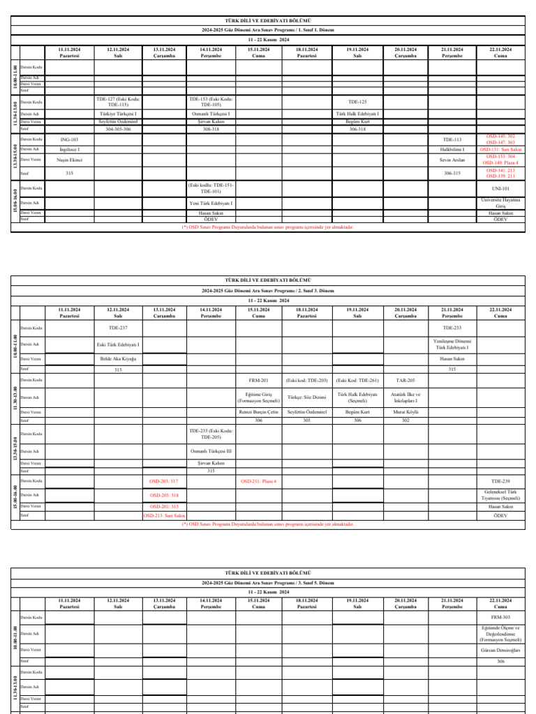 Turk Dili Ve Edebiyati 24-25 Guz Ara Sinav Programi | PDF