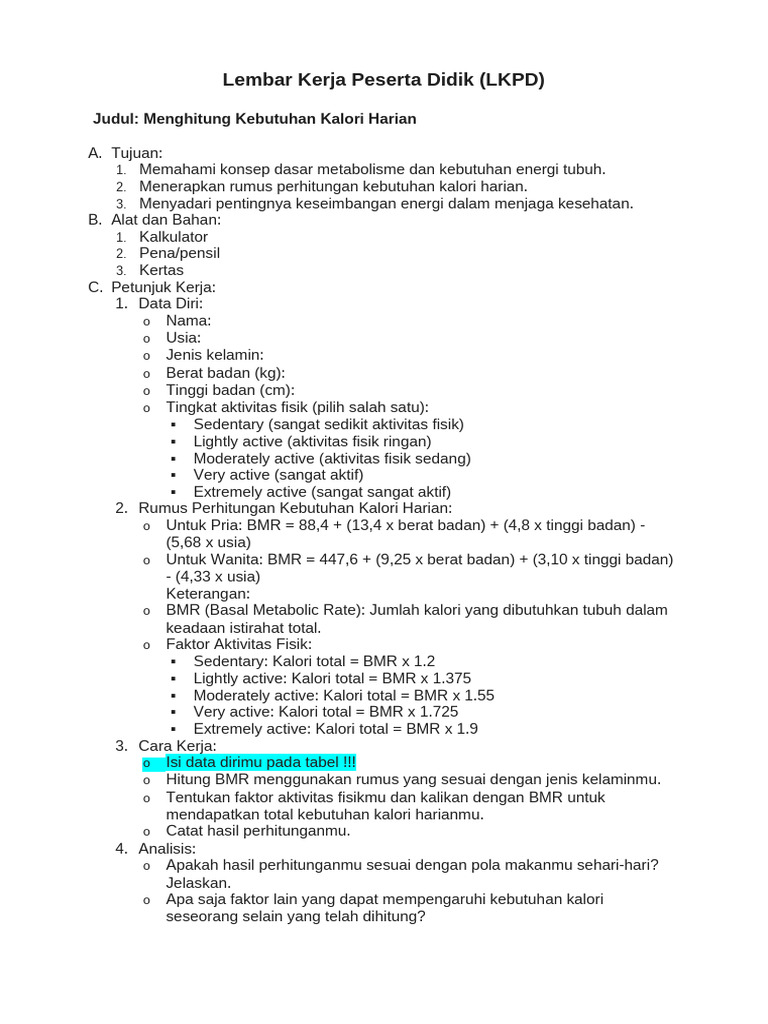 LKPD Menghitung Kebutuhan Kalori | PDF