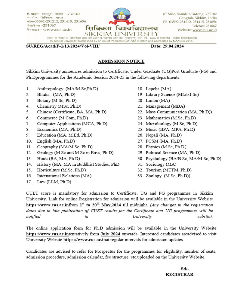 Admission Notice-2024-25 For Certi, UG, PG &PH.D | PDF | Doctor Of Philosophy | Vocational Education