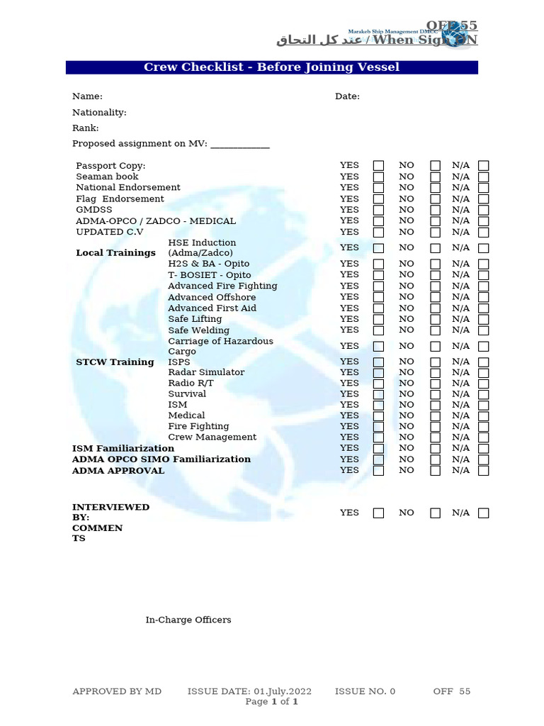 OFF 55 - Crew Checklist - Before Joining Vessel | PDF | Shipping
