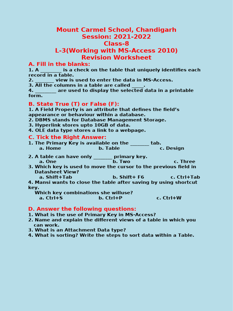MS Access 2010 Exercises for Class 8 | PDF