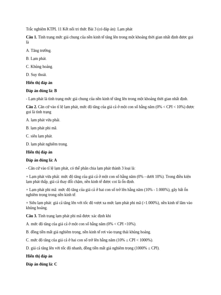 Trắc nghiệm KTPL 11 Kết nối tri thức Bài 3 (có đáp án) Lạm phát | PDF