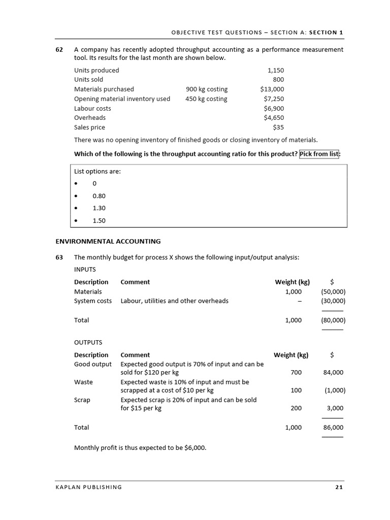 EMA - Kaplan MCQs Q | PDF | Inventory | Cost Accounting