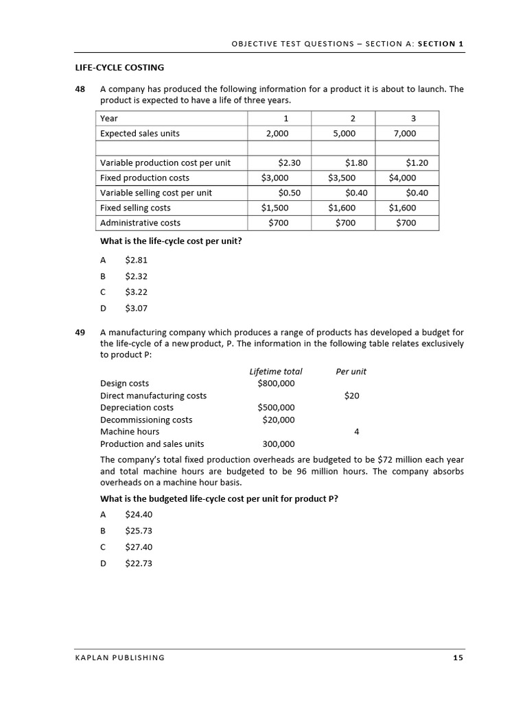Lifecycle Costing - Kaplan MCQs Q | PDF | Cost | Economies