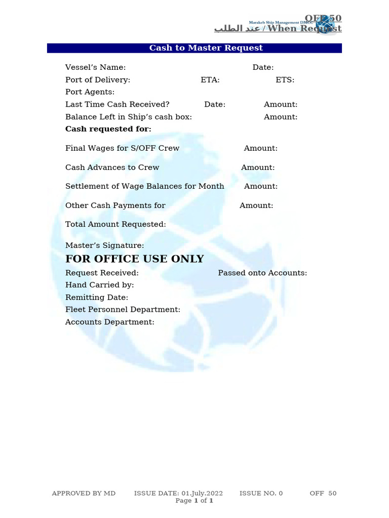 Cash Request Form for Vessel Operations | PDF