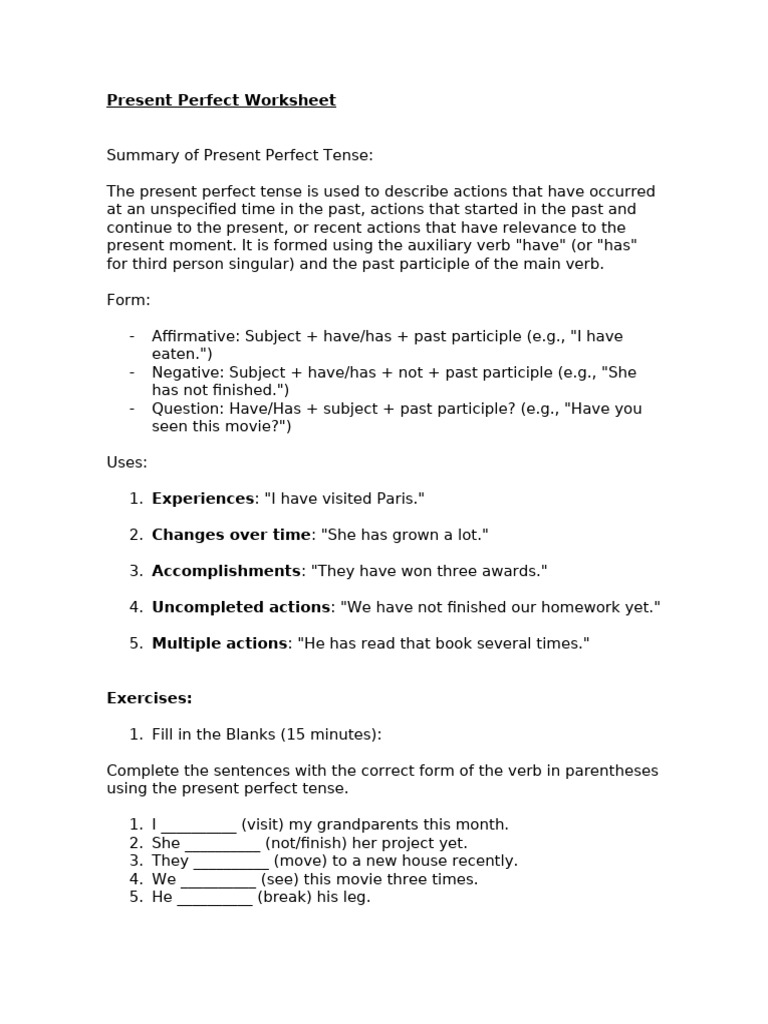 Present Perfect Worksheet 7th B | PDF | Verb | Perfect (Grammar)