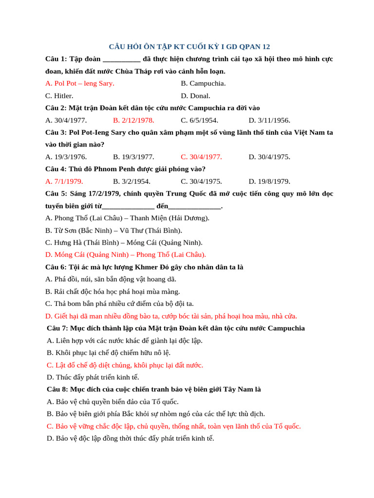 Cau Hoi 12 On Tap KT Cuoi Ky I Qpan 12 2024-2025 | PDF