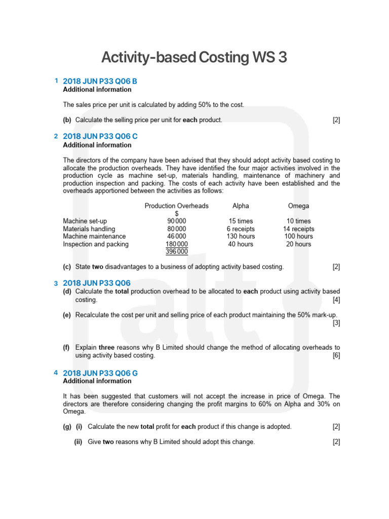 Activity-based Costing Worksheet 3 - A Level Accounting 9706 Topicals ...