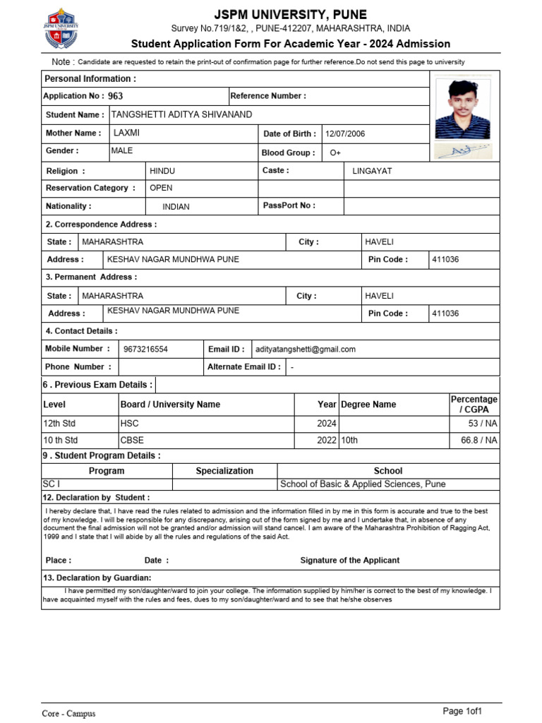 JSPM University 2024 Admission Form | PDF