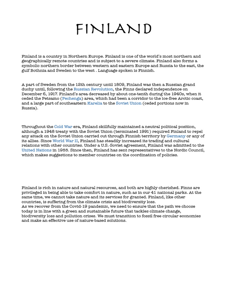 Finland: History, Nature, and Sustainability | PDF