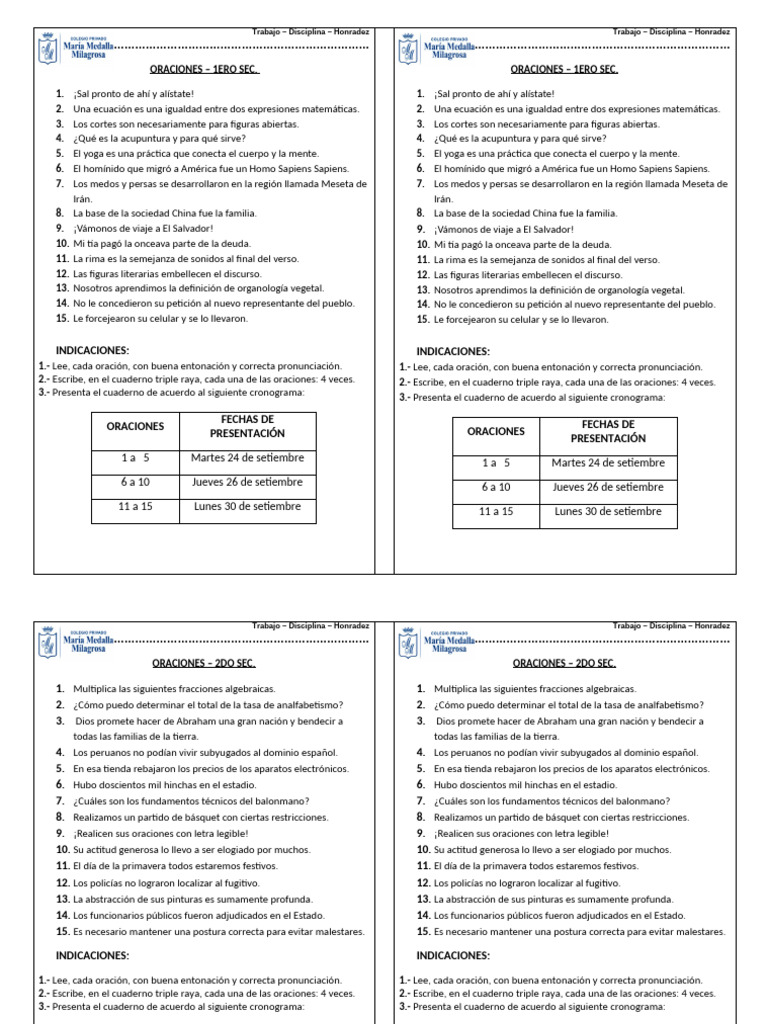 Ejercicios de Oraciones para Secundaria | PDF