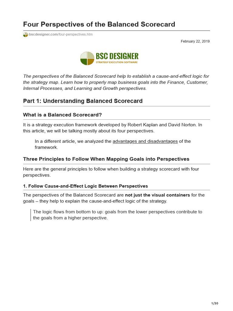 Four Perspectives of The Balanced Scorecard Notes | PDF | Performance ...