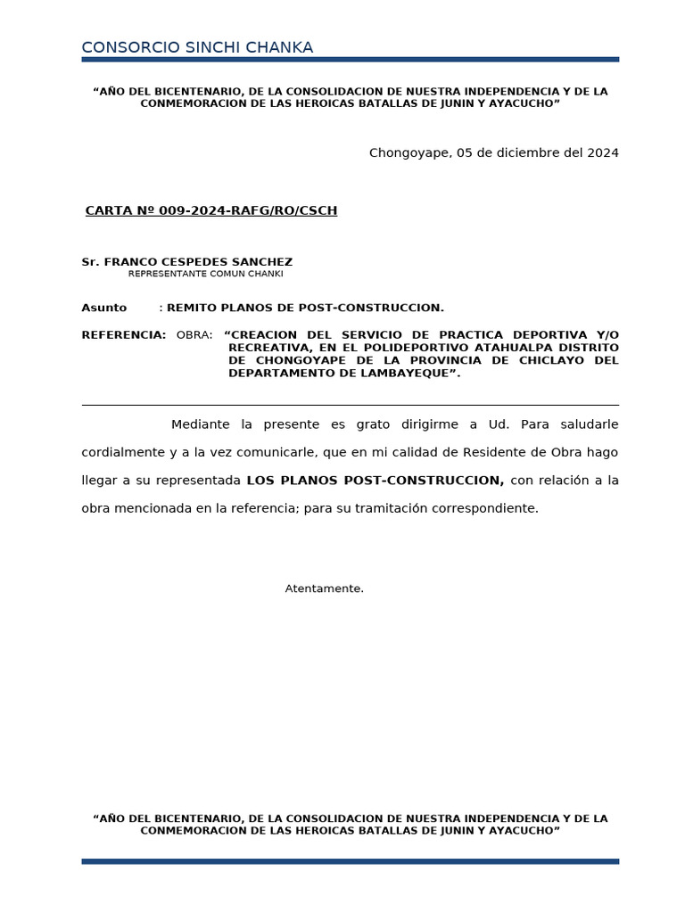 Carta-009-010-2024-Rafg-Ro-Consorcio Sinchi Chanka-Cronograma Actuaalizados | PDF