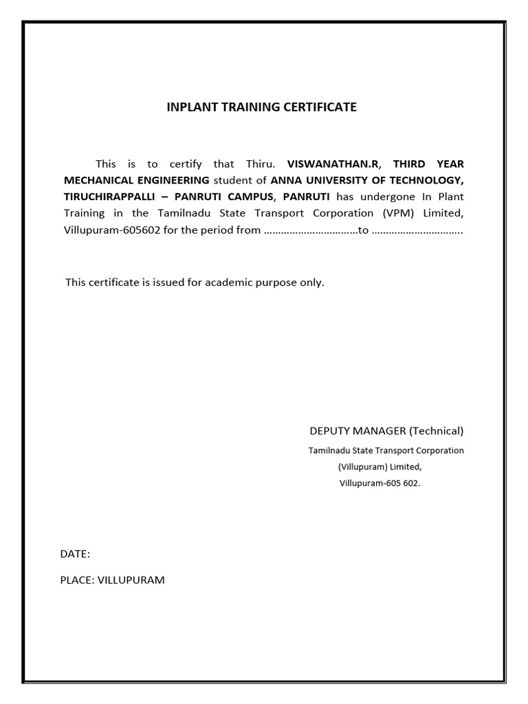 Inplant Training Certificate | PDF