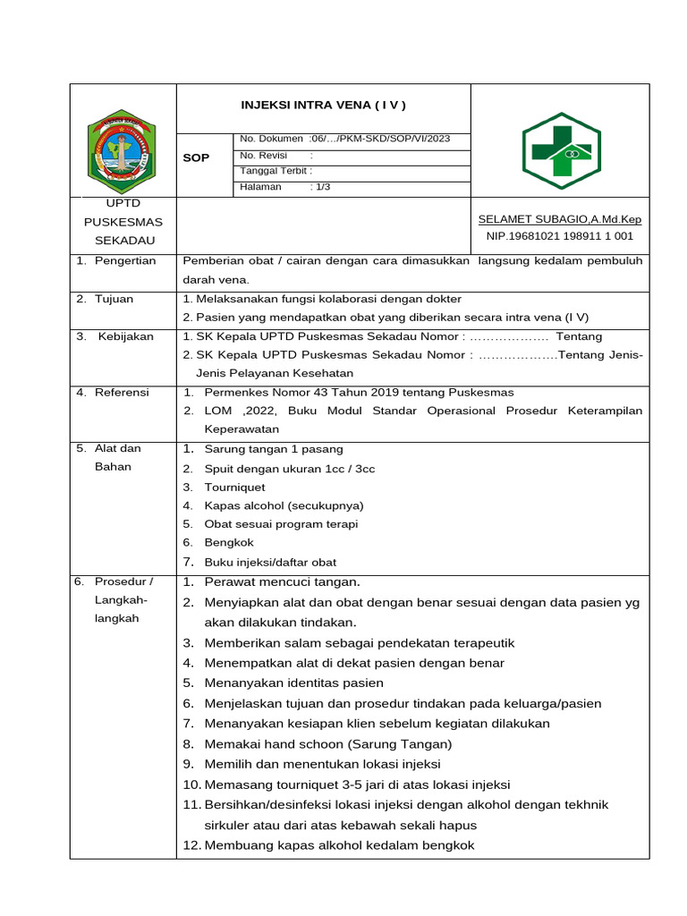 SOP Injeksi Intravena di Puskesmas | PDF