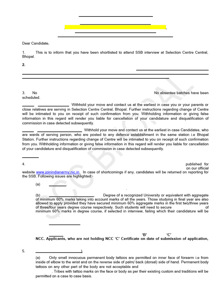 CALL_UP_LETTER_SCC_BHOPAL_FOR_SSC_NCC_MEN_57_COURSE | PDF | Identity ...