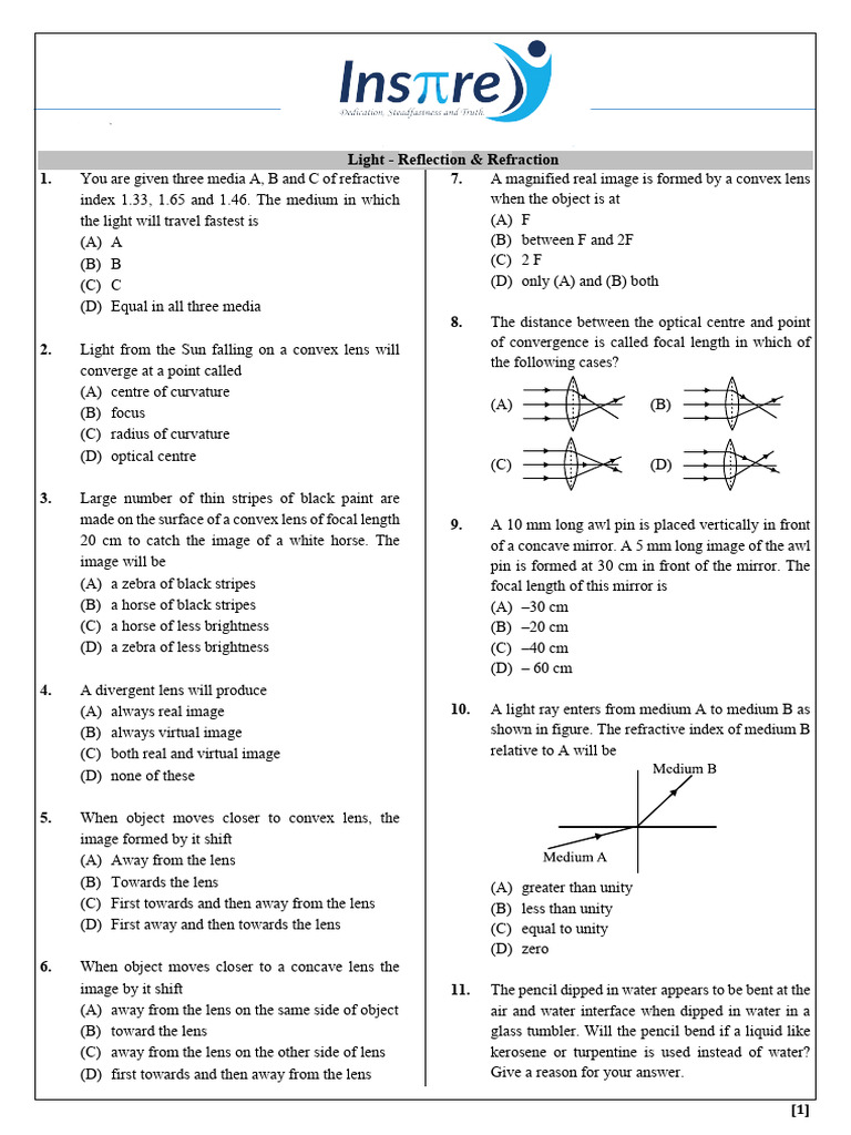 Light - Reflection & Refraction Practice Sheet | PDF | Optics ...