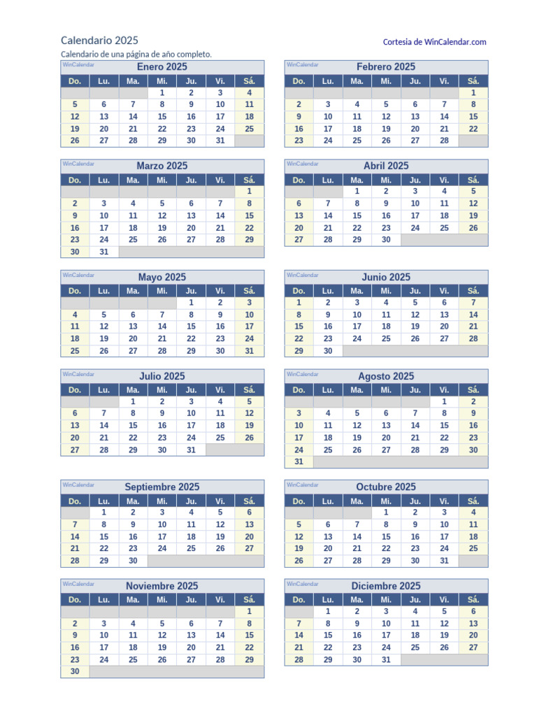 Calendario 2025 Una Pagina | PDF